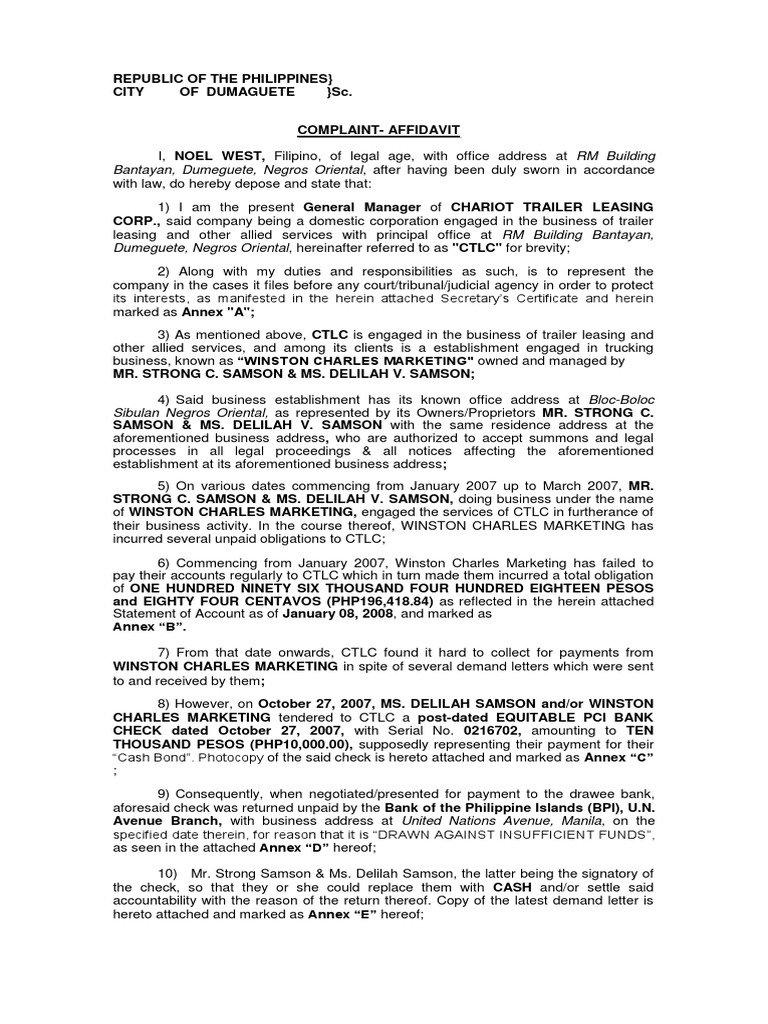 3. Affidavit of Complaint | Cheque | Social Institutions