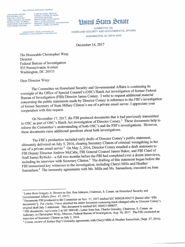 Senator Ron Johnson Letter To FBI Re Comey July 5 Statement | PDF