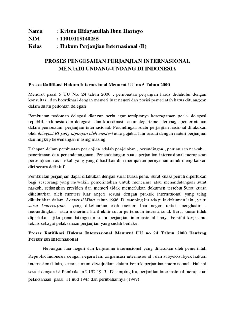 Proses Ratifikasi Hukum Internasional Menurut UU No 5 Tahun 2000 | PDF