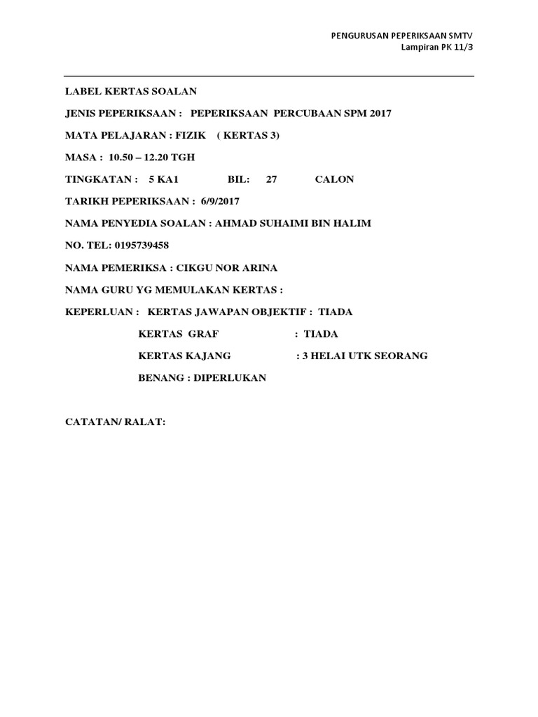 Label Kertas Soalan | PDF