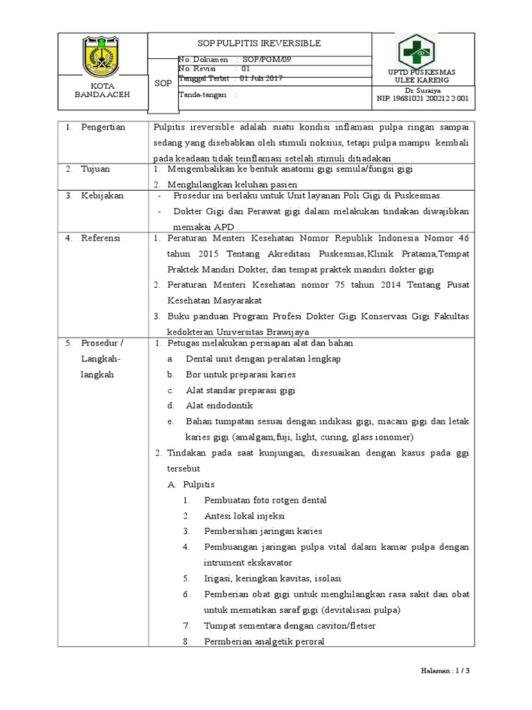 SOP-PGM-09. SOP Pulpitis Ireversible | PDF