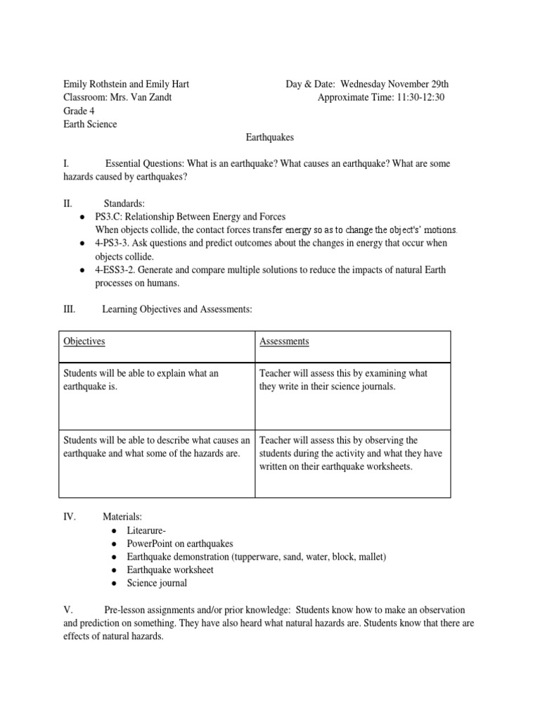 lesson plan- earthquake | Educational Assessment | Earthquakes