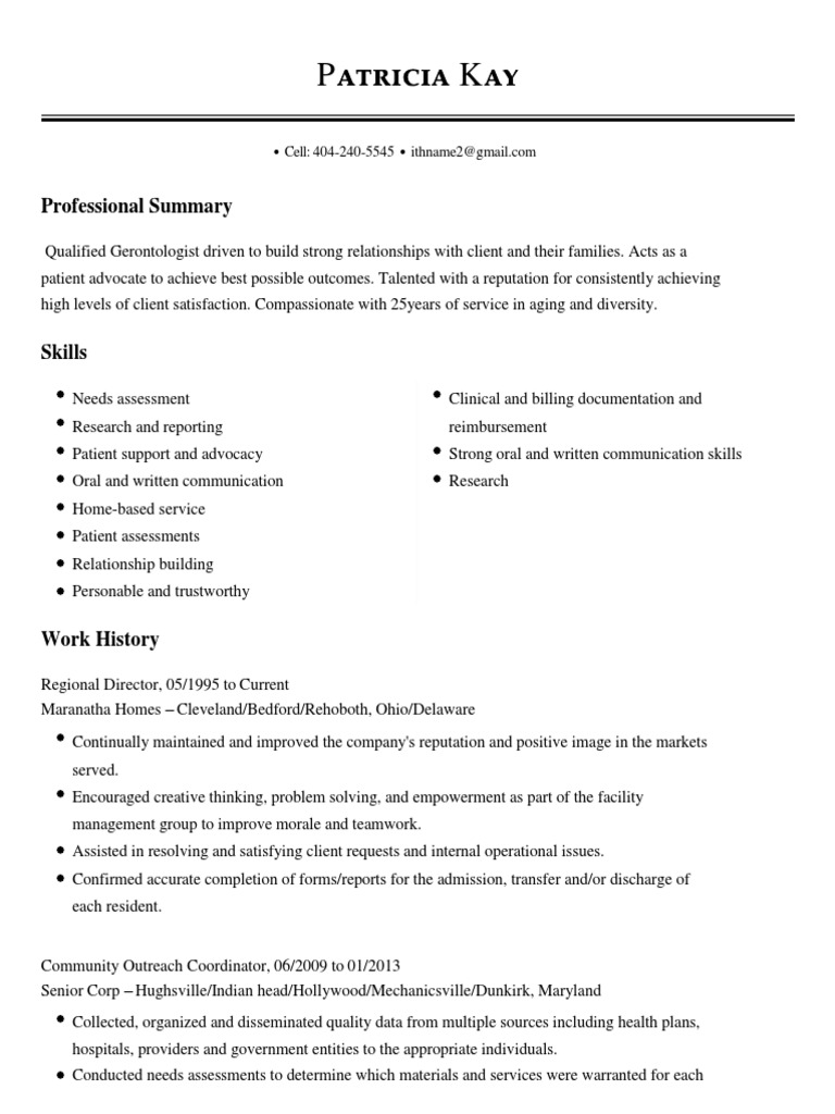 Patricia Kay Resume 1 | PDF | Gerontology | Needs Assessment
