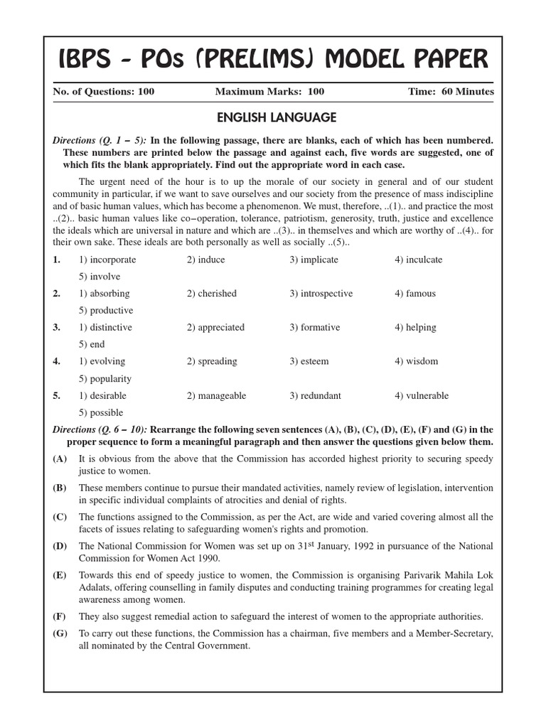 Ibps - Pos (Prelims) Model Paper: English Language | PDF | Aids ...
