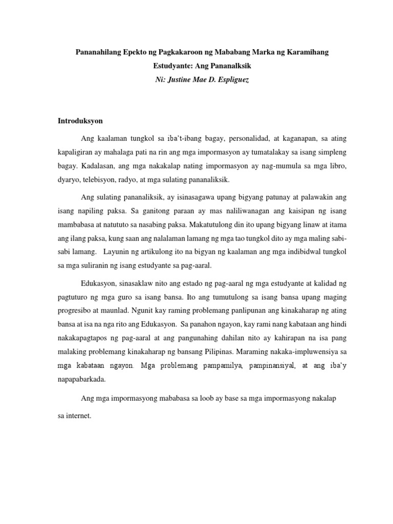 Pananahilang Epekto NG Pagkakaroon NG Mababang Marka NG Karamihang Estudyante | PDF