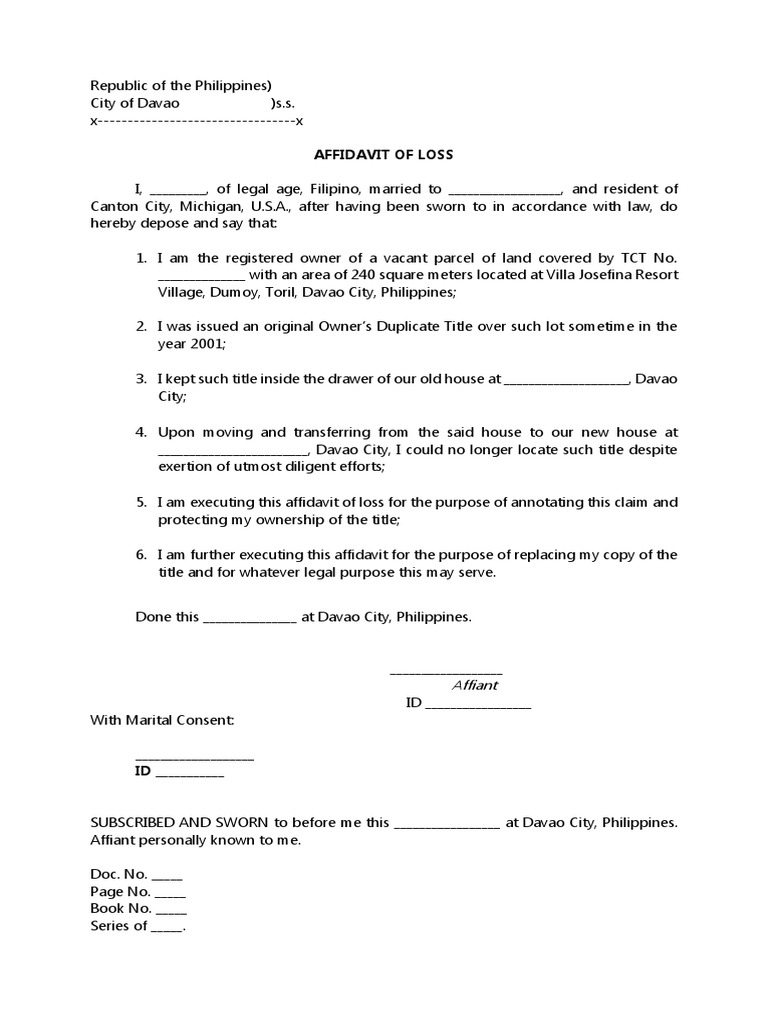 Affidavit of Loss for Land Title | PDF