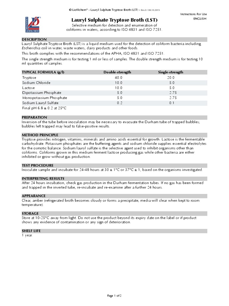 Lauryl Tryptose Broth - Liofilchem | PDF | Growth Medium | Potassium