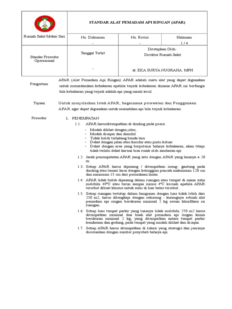 Prosedur Standar APAR di Rumah Sakit | PDF