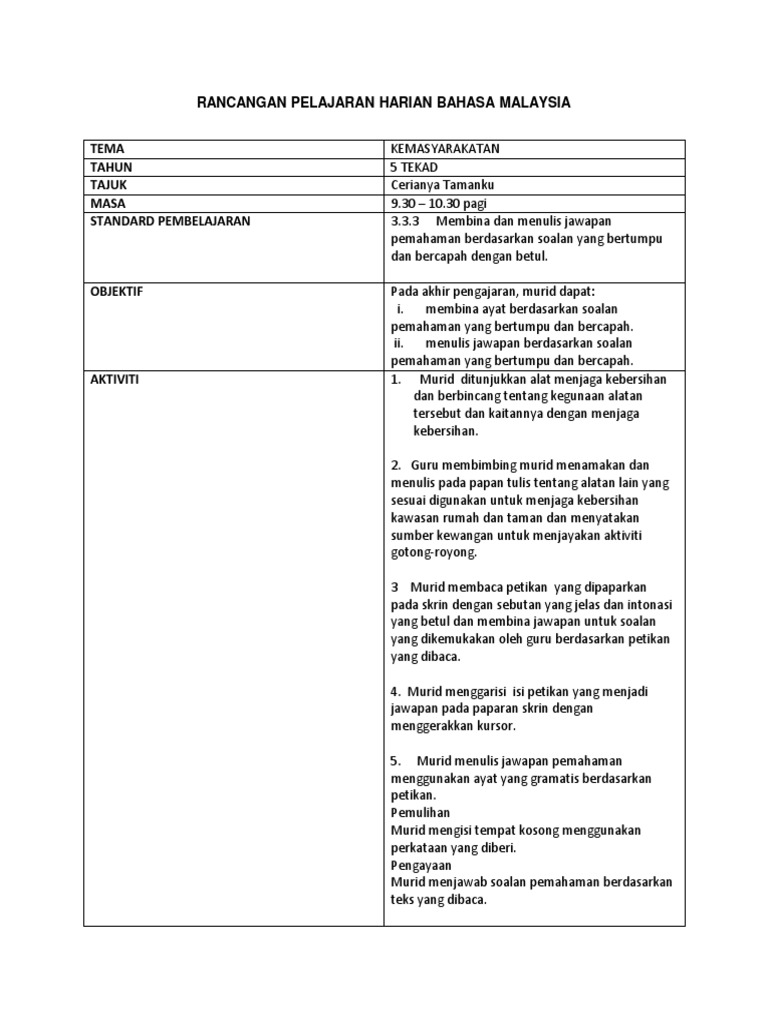 Contoh RPH Bahasa Malaysia - Detail | PDF