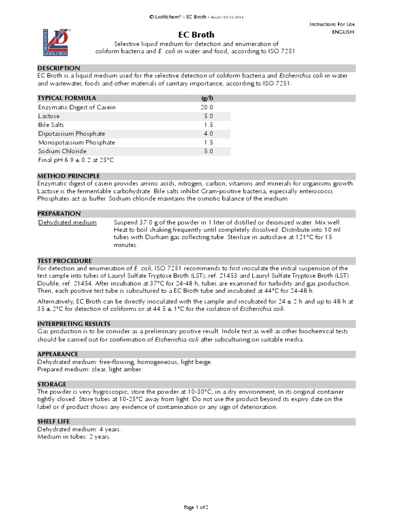 EC Broth - Liofilchem | PDF | Growth Medium | Sodium Chloride