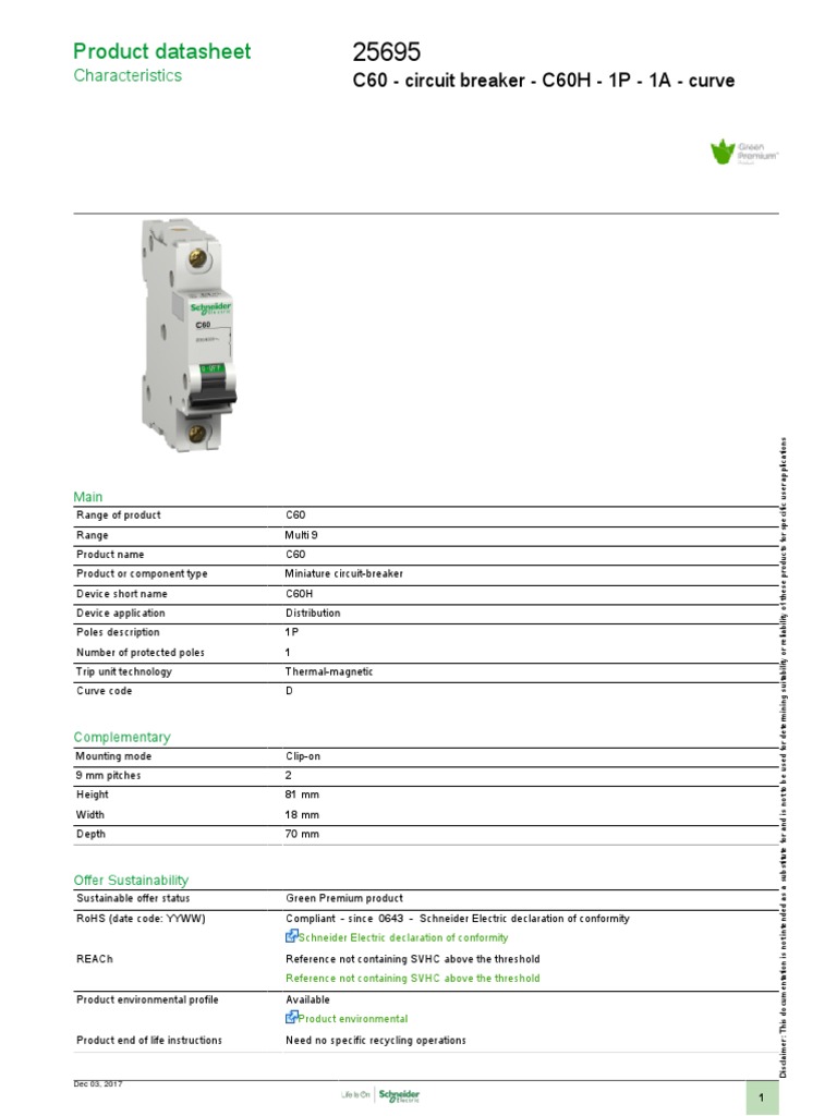 Product Datasheet: C60 - Circuit Breaker - C60H - 1P - 1A - Curve | PDF
