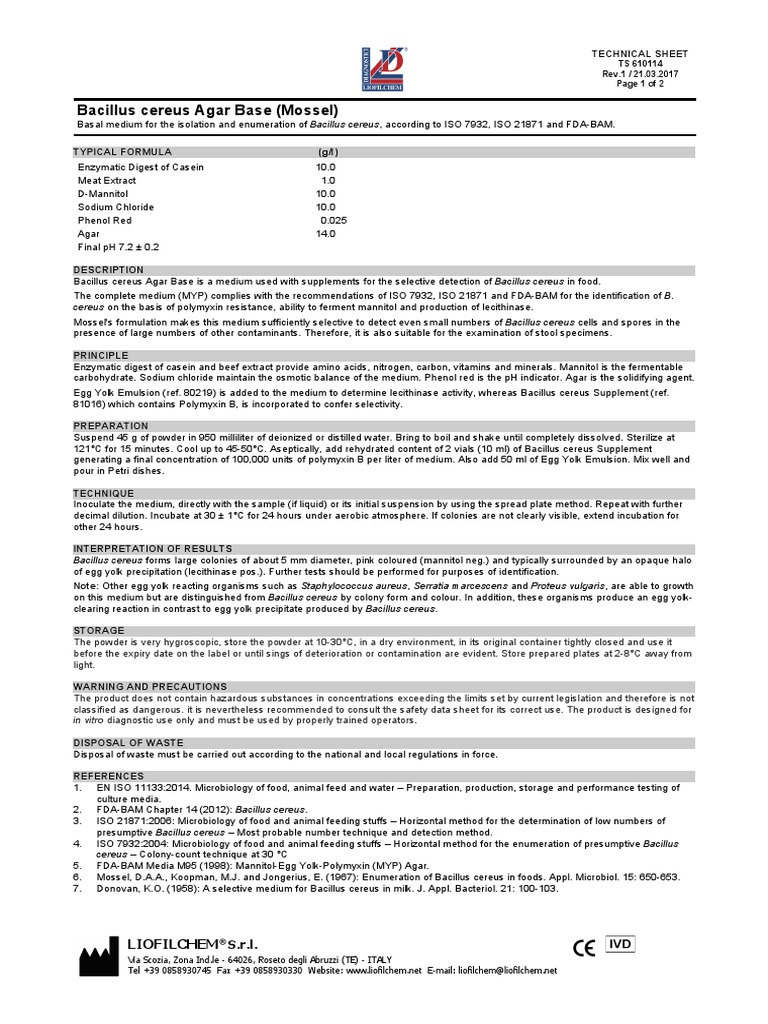 Bacillus Cereus Agar Base (Mossel) - Liofilchem PDF | PDF | Growth ...