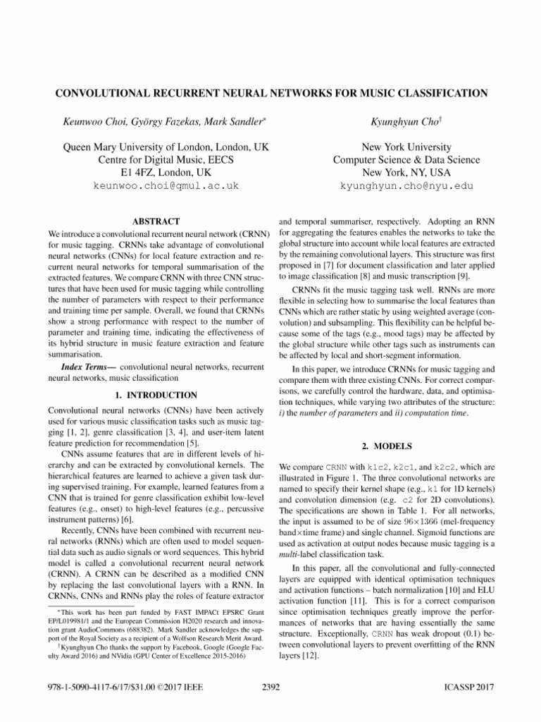 Convolutional Recurrent Neural Networks For Music Classification Pdf