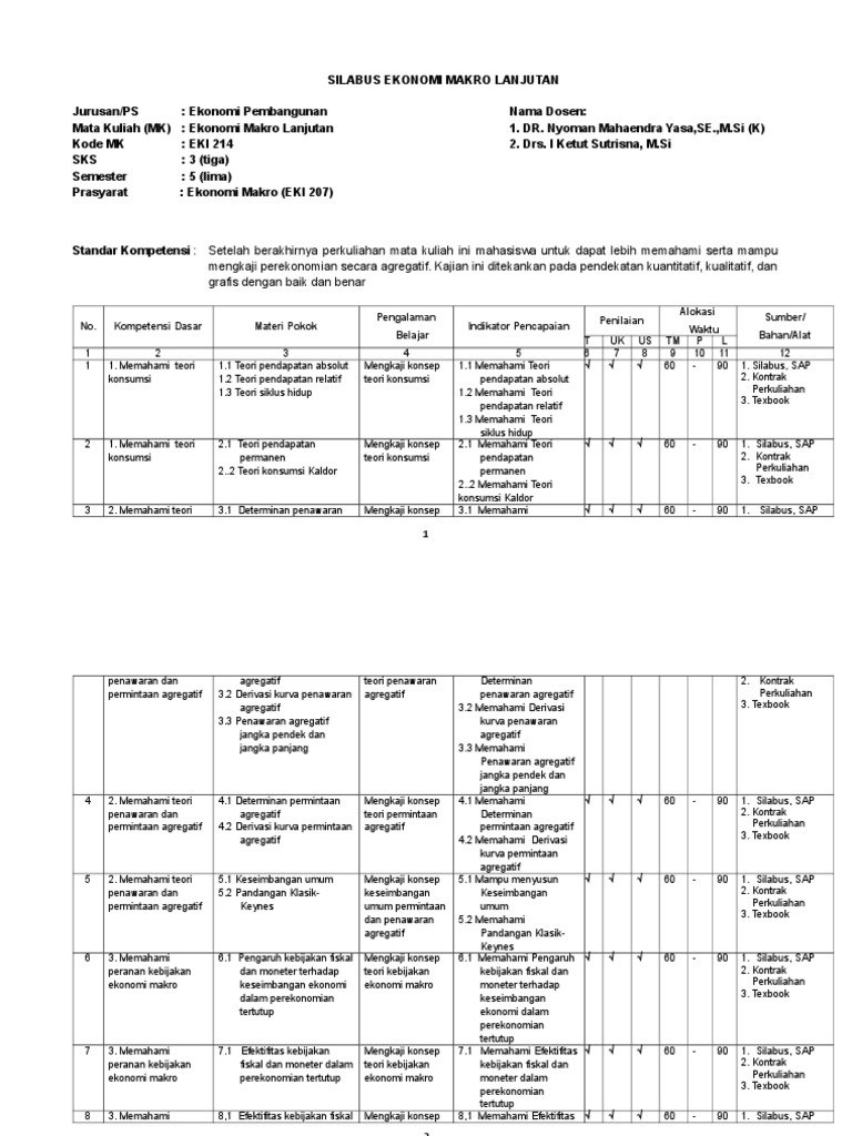 Silabus Ekonomi Makro Lanjutan | PDF