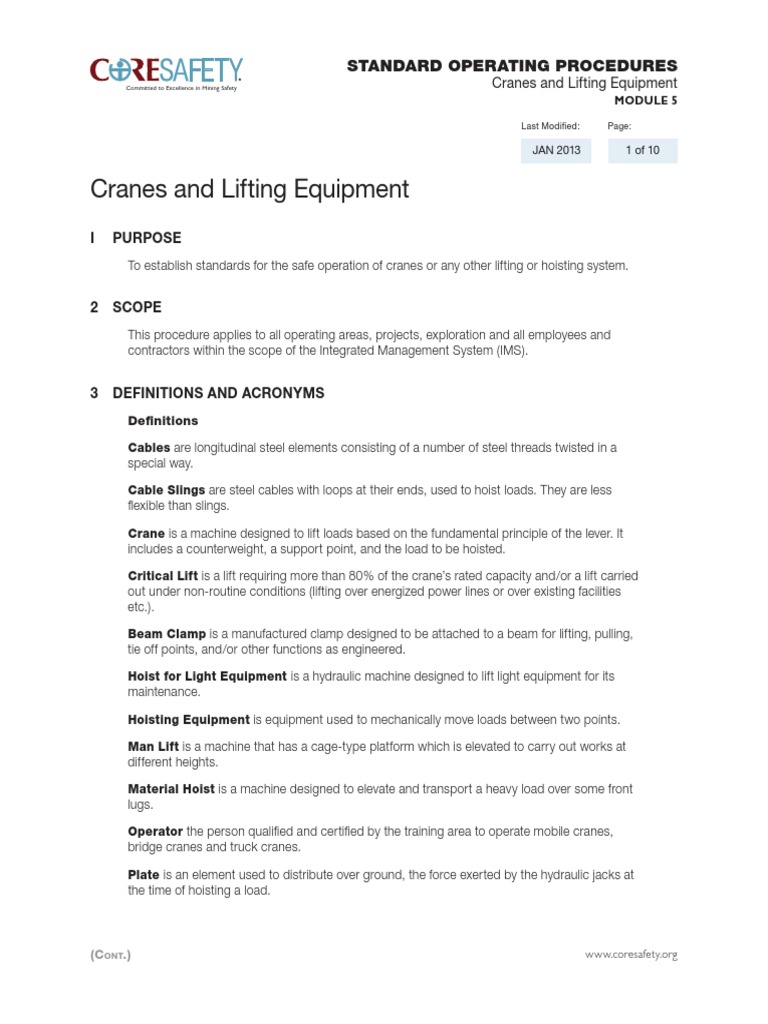 Cranes and Lifting Equipment: Standard Operating Procedures | PDF | Crane (Machine) | Elevator