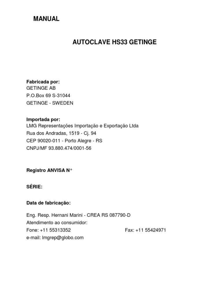 Manual do Usuário da Autoclave HS-33 GETINGE: Operação, Controles ... Manual do Usuário da Autoclave HS-33 GETINGE: Operação, Controles ...