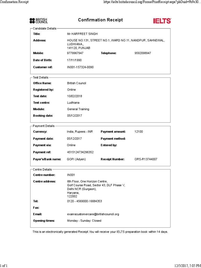 Confirmation Receipt for IELTS Exam | PDF | Receipt | Payments