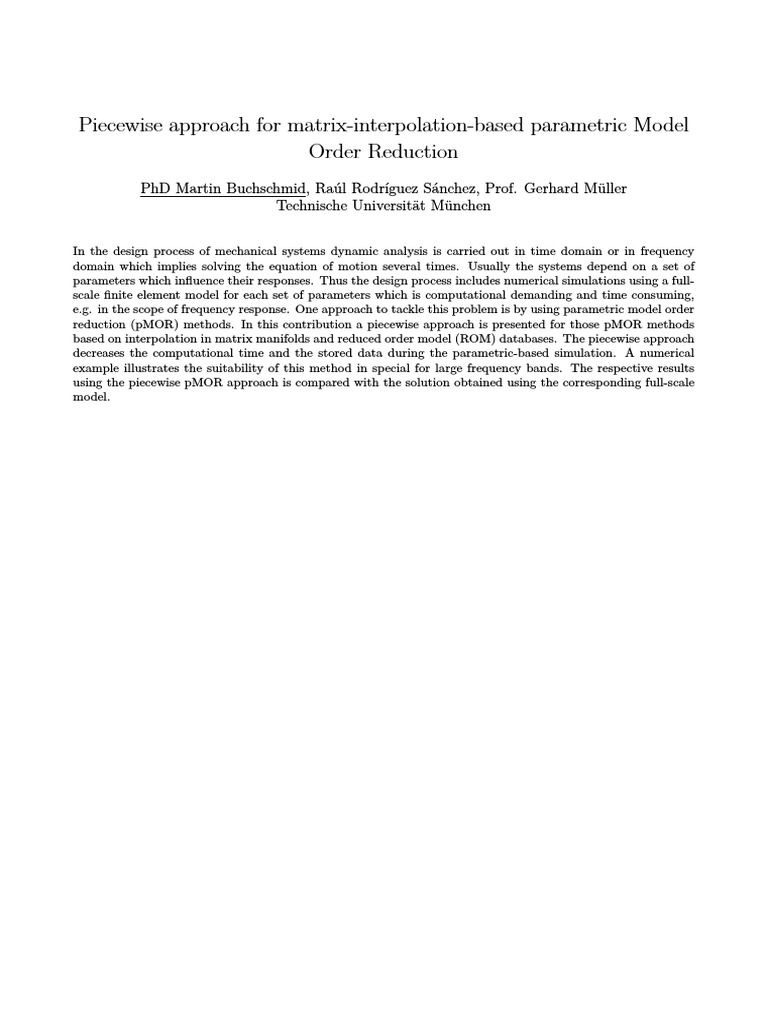 Piecewise Approach For Matrix-Interpolation-Based Parametric Model Order Reduction | PDF ...