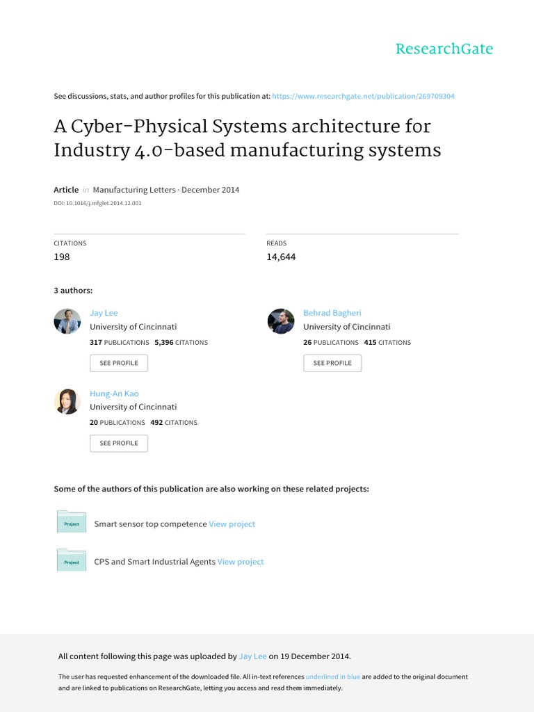 A Cyber-Physical Systems Architecture For Industry 4.0-Based ...