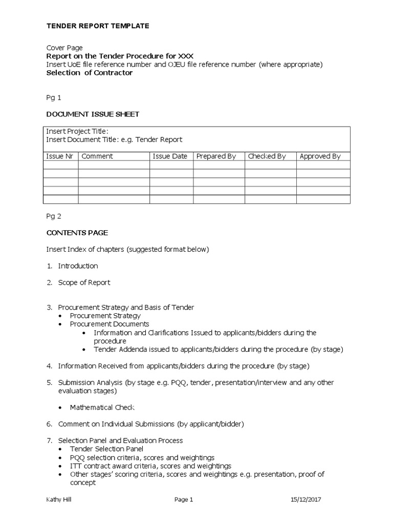 Tender Report Template: Kathy Hill 15/12/2017 | PDF | Computers
