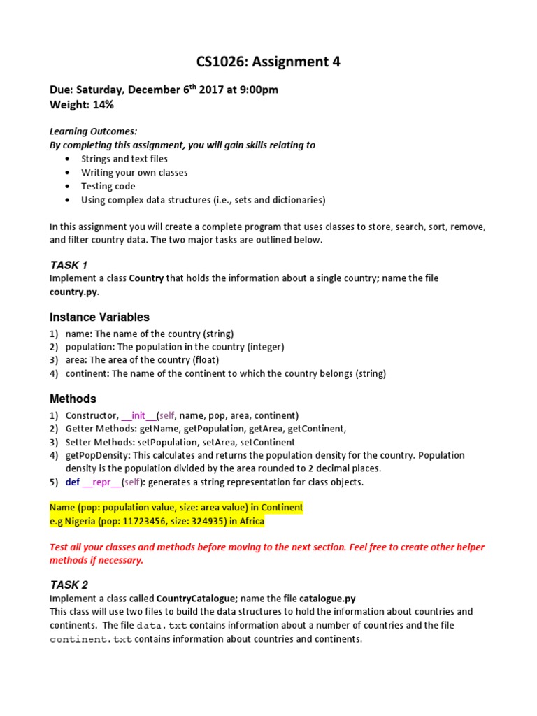 CS1026 Assignment 4 - Country Catalogue Program | PDF | Class (Computer Programming) | Parameter ...