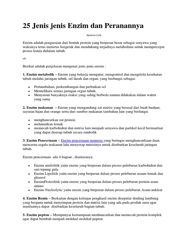 25 Jenis Jenis Enzim Dan Peranannya | PDF
