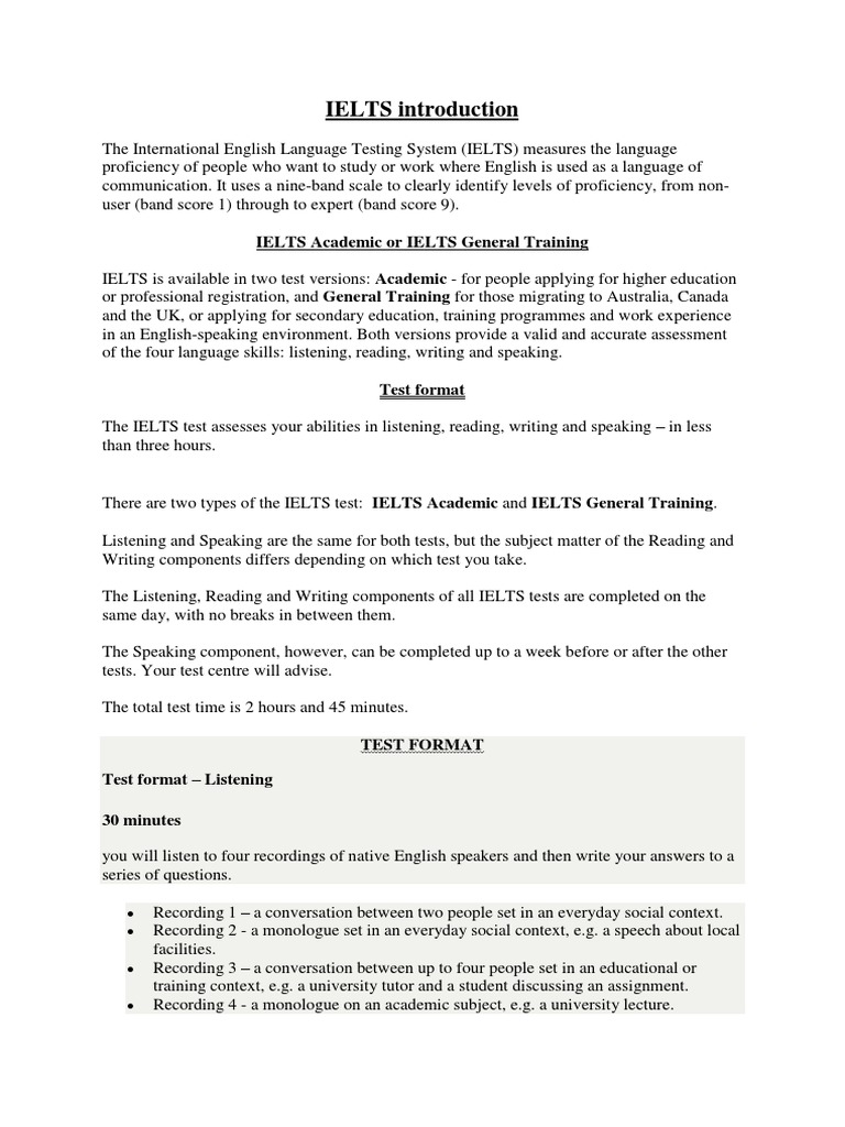 IELTS Introduction: IELTS Academic or IELTS General Training | PDF ...