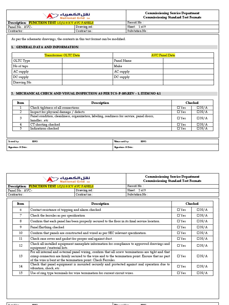 Function Test 132kv Avc Panel | PDF | Specification (Technical Standard ...