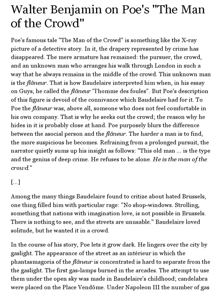 Walter Benjamin On Poe's "The Man of The Crowd" | PDF