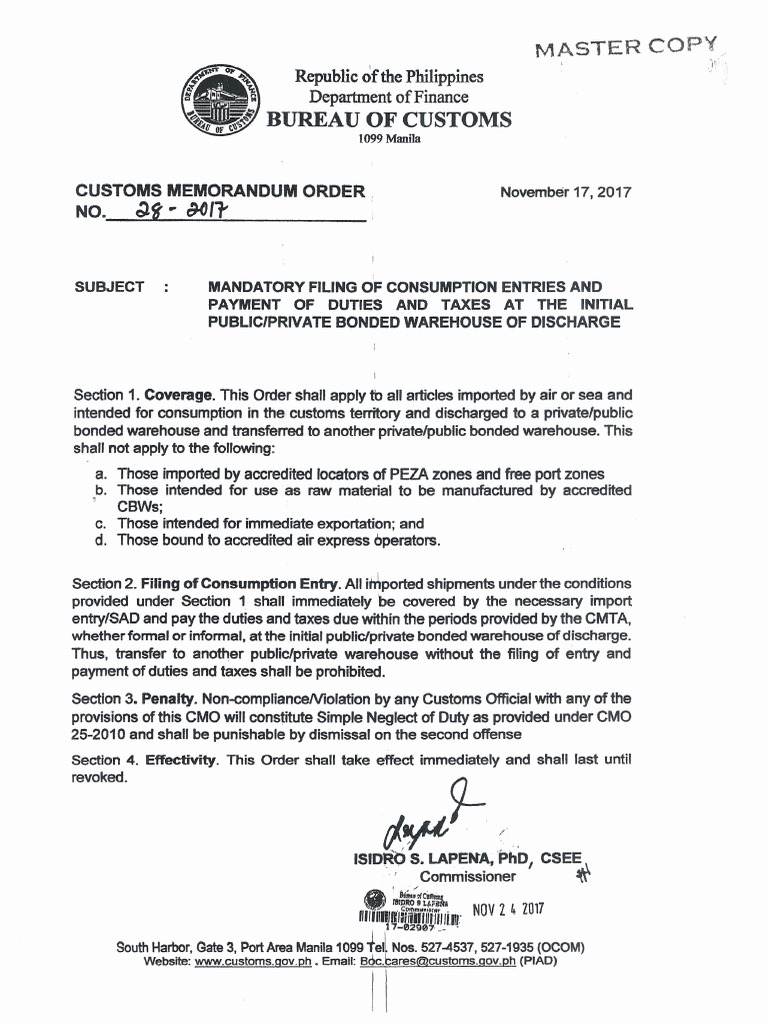 Bureau of Customs CMO-28-2017 | Customs | Tuberculosis