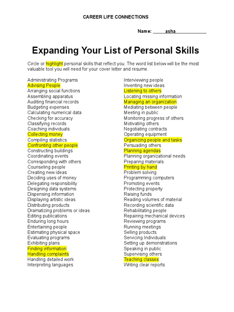 Expanding Your List of Personal Skills: Career Life Connections Name ...