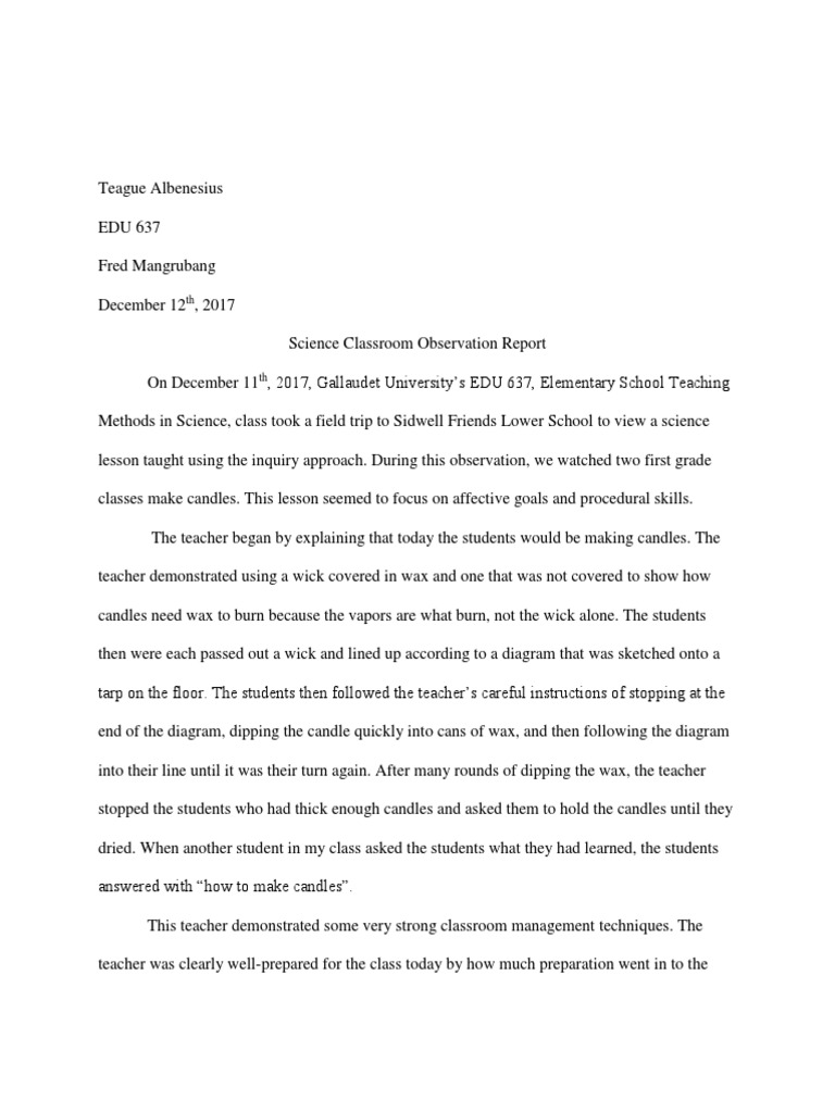 Science Classroom Observation Report | PDF | Classroom Management ...