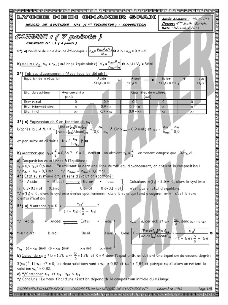 Devoir de Synthèse N°1 Avec Correction - Physique Lycée HEDI CHAKER Sfax - Bac Math (2013-2014 ...