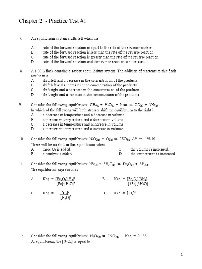 Equilibrium Practice Test 1 | Chemical Equilibrium | Chemical Reactions