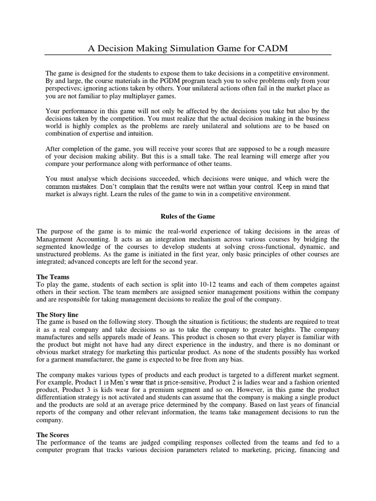 A Decision Making Simulation Game For CADM: Rules of The Game | PDF ...