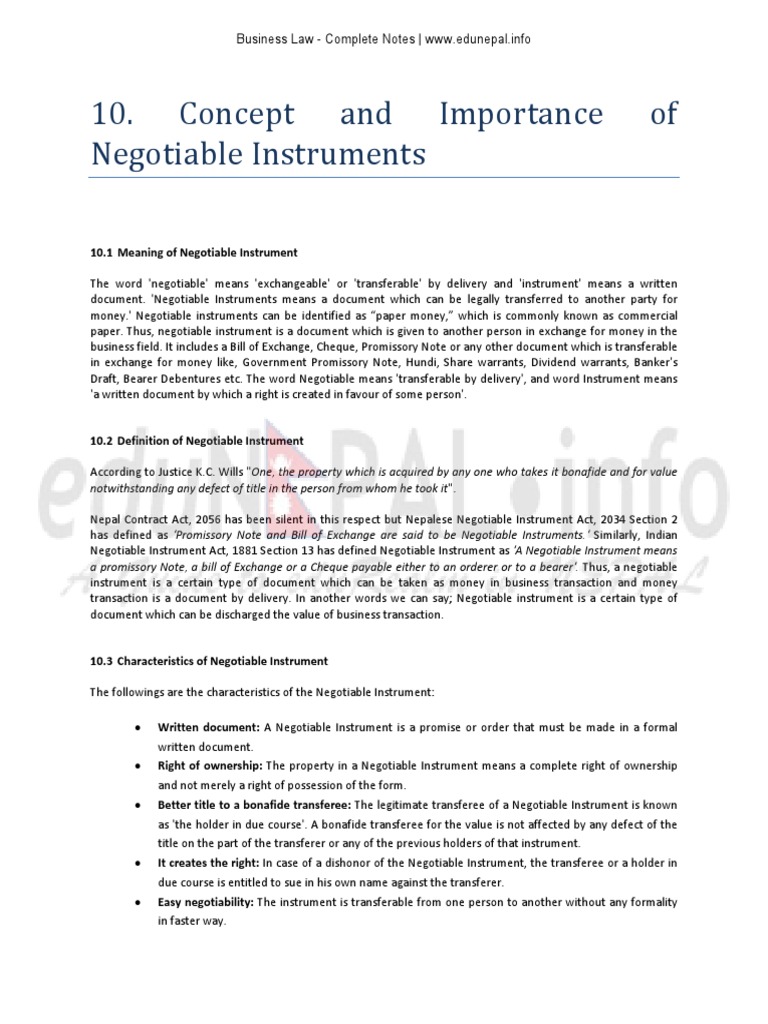 Characteristics and Importance of Negotiable Instruments | PDF ...