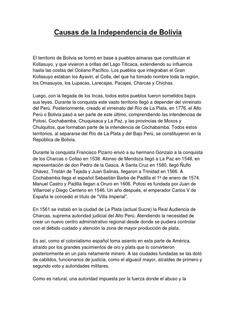 Causas de Independencia de Bolivia | Bolivia | Antiguas colonias españolas