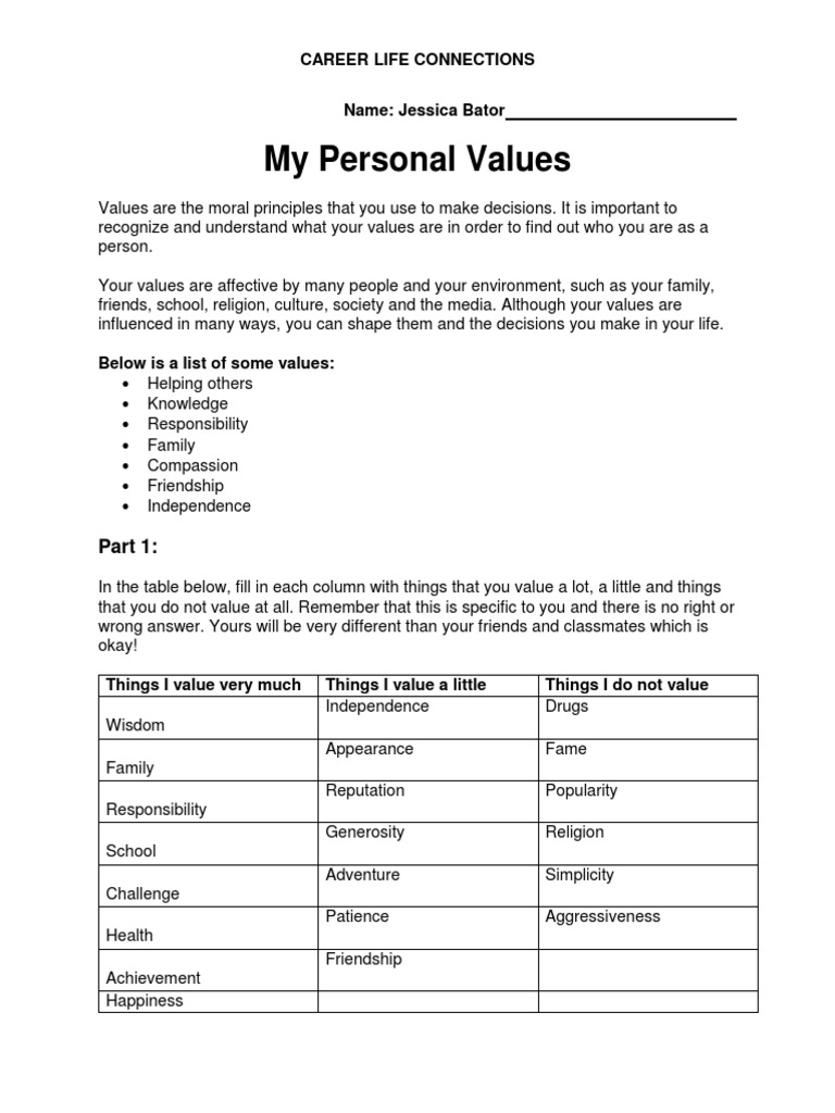 My Personal Values: Career Life Connections | PDF