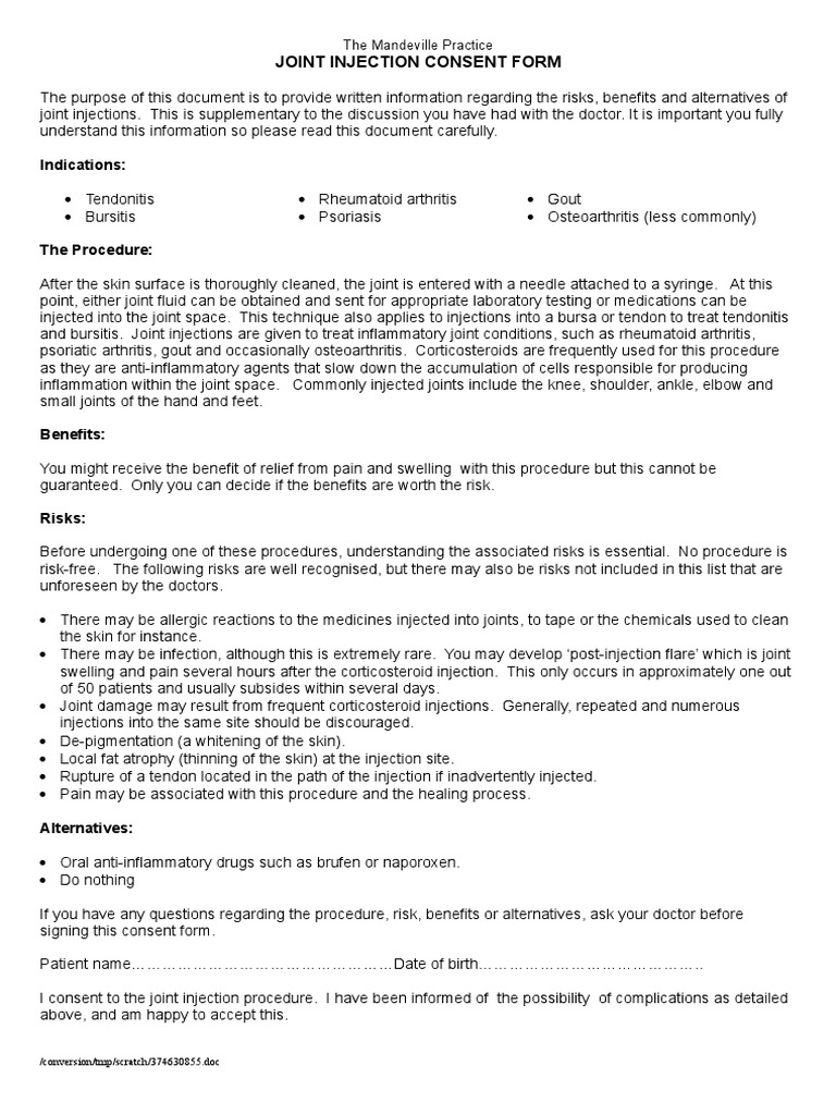 Joint Injection Consent Form | PDF | Arthritis | Joint