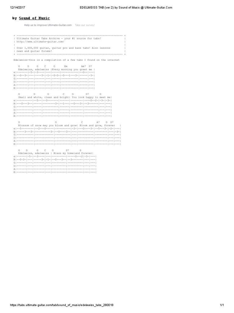 Edelweiss Tab Ver 2 by Sound of Music Ultimate-Guitar | PDF ...