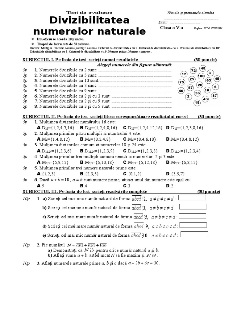 5.5 Test Divizibilitatea Numerelor Naturale | PDF