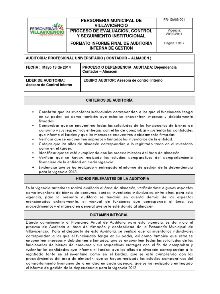 Informe Final de Auditoria Interna de Gestion Almacen Ycontabilidad | PDF | Auditoría | Contabilidad