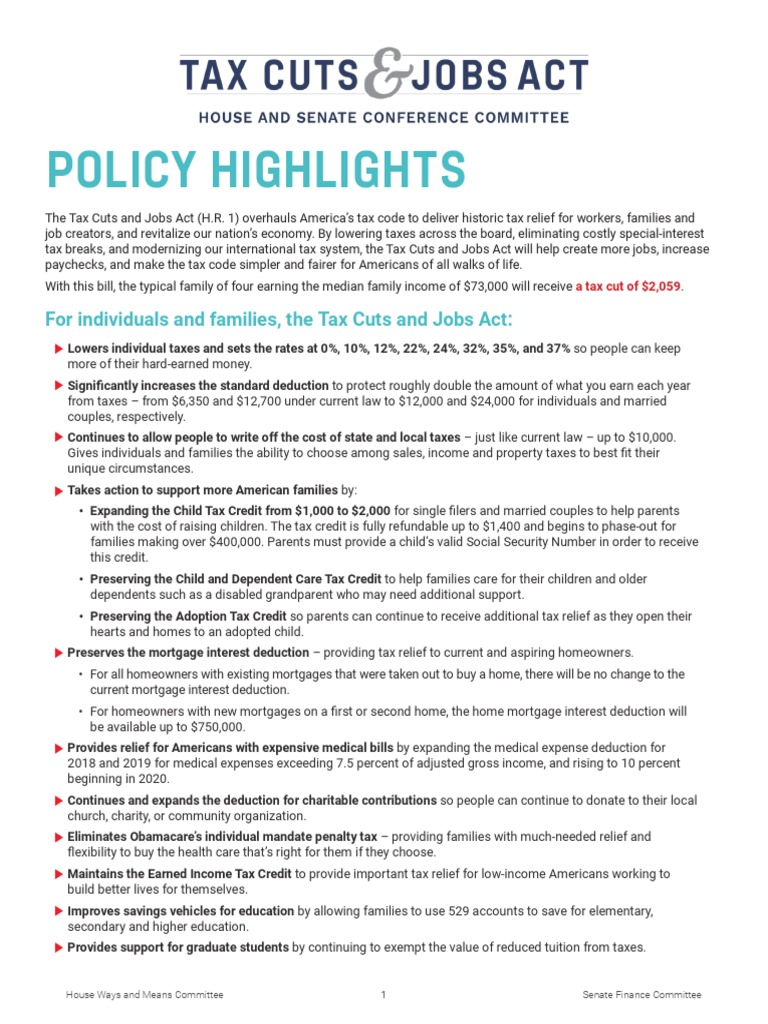Tax Cuts and Jobs Act Policy Highlights - December 15, 2017 | Corporate ...