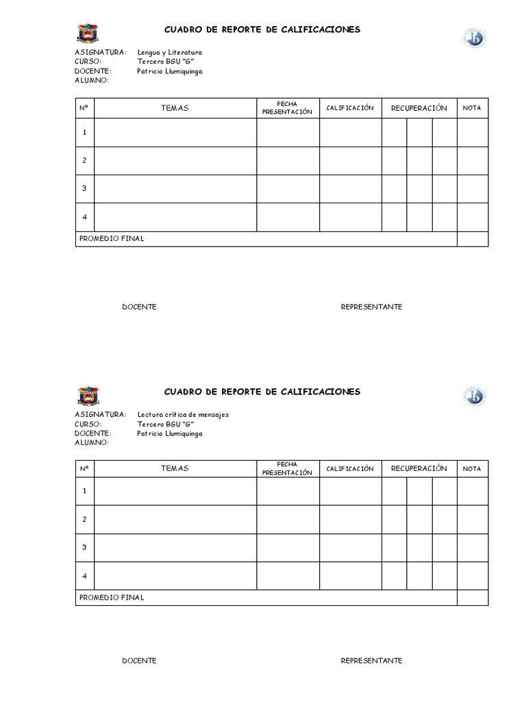 Cuadro de Reporte de Calificaciones | PDF