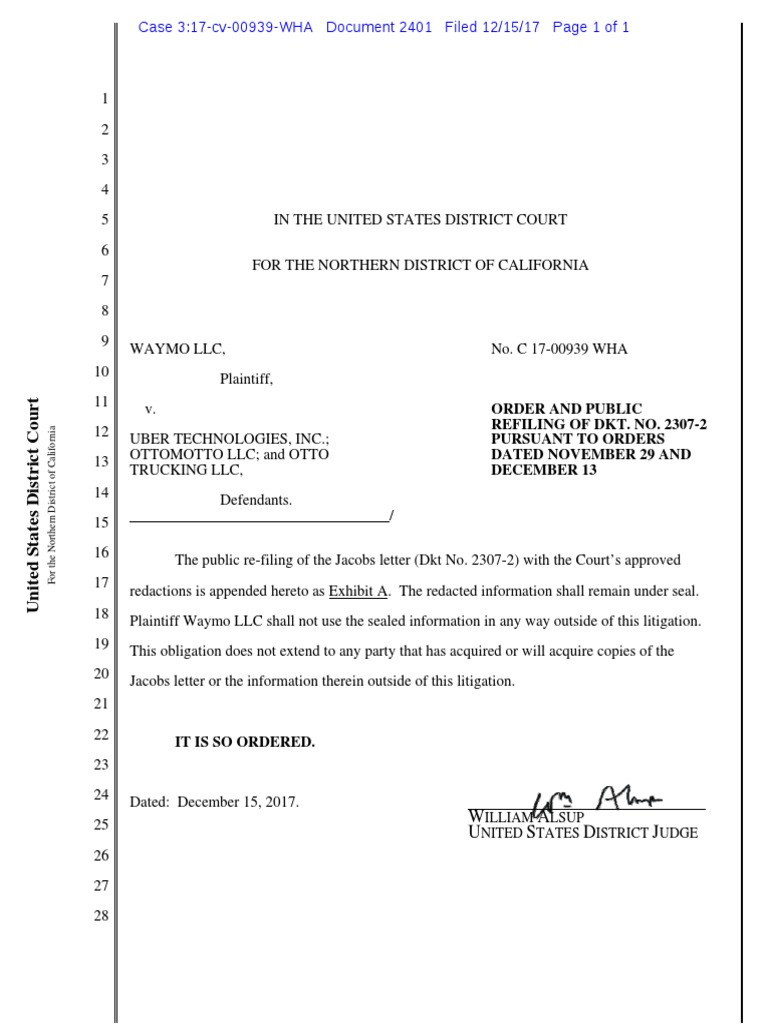 Waymo V Uber Jacobs Letter | Download Free PDF | Trade Secret | Uber ...
