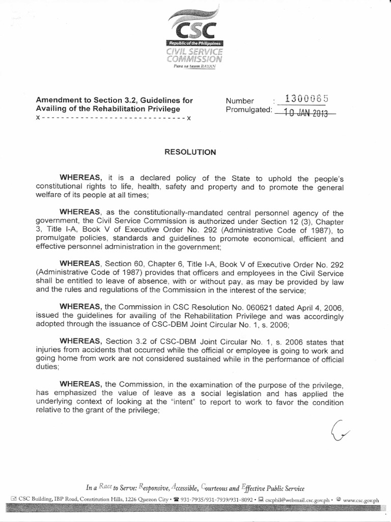 2013 CSC Resolution On Rehabilitation Leave | PDF | Virtue | Social ...