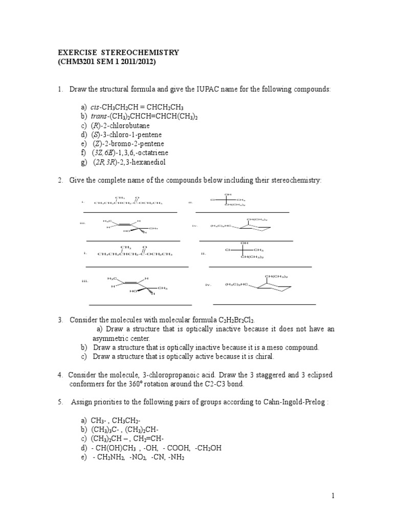 Stereochemistry Exercises and Solutions | PDF | Chirality (Chemistry ...