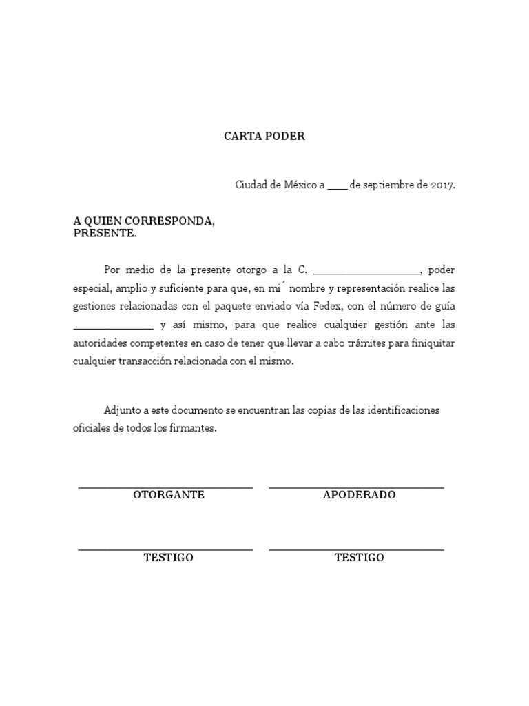 Carta poder para gestionar trámites relacionados con un paquete enviado ...