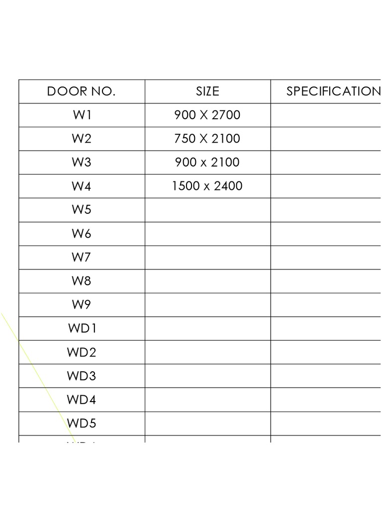Door No. Size Specification W1 900 X 2700 W2 750 X 2100 W3 900 X 2100 ...