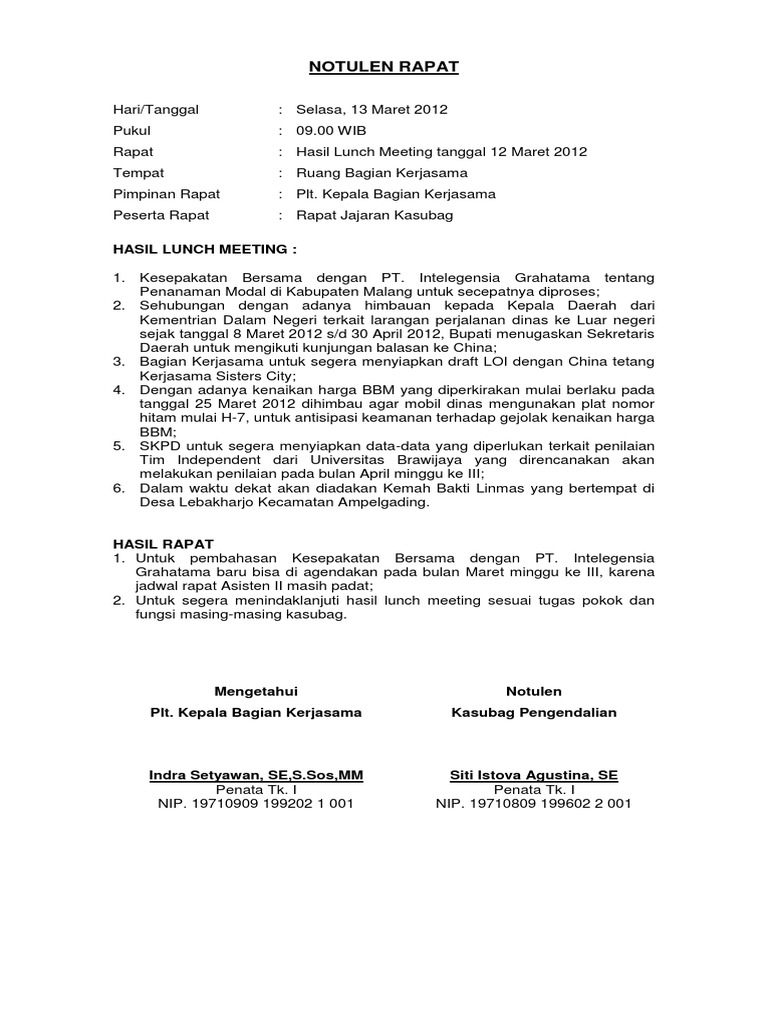 Notulen Rapat Internal Bagian | PDF